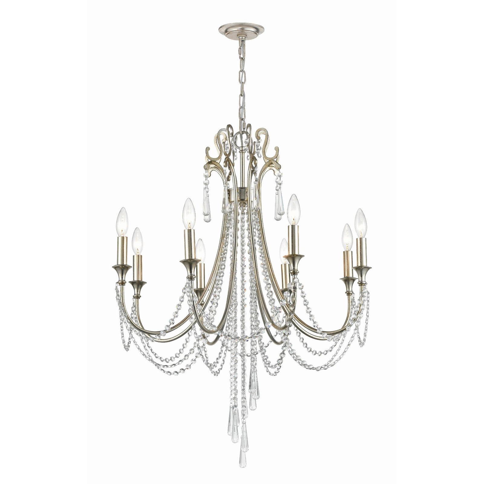 Arcadia 8 Light Antique Silver Chandelier Hand Cut Crystal 26"W x 36.2